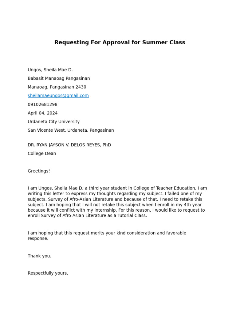 Requesting For Approval For Summer Class | PDF