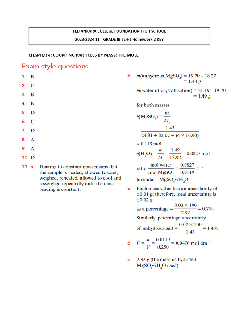 HW 2. Chapter 4 (The Mole) and Chapter 5 (Ideal Gases) Exam Style ...