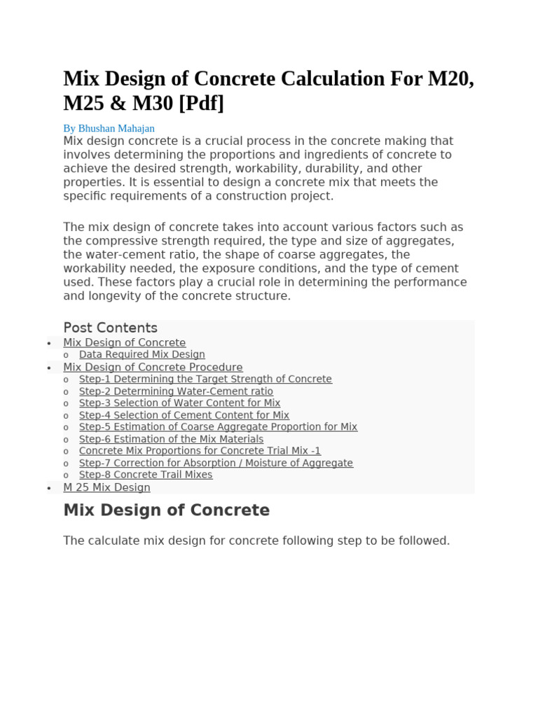 Concrete Mix Design Calculations M20-M30 | PDF | Concrete ...