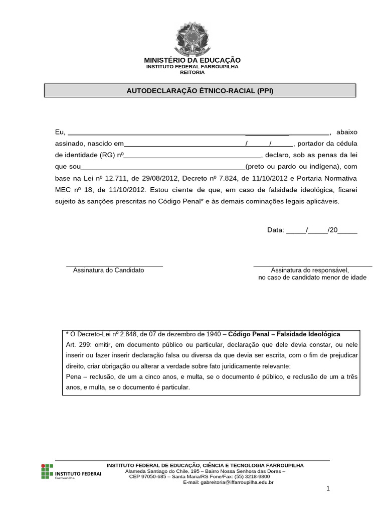 FORMULÁRIO DE AUTODECLARAÇÃO ÉTNICO-RACIAL (PPI) | PDF