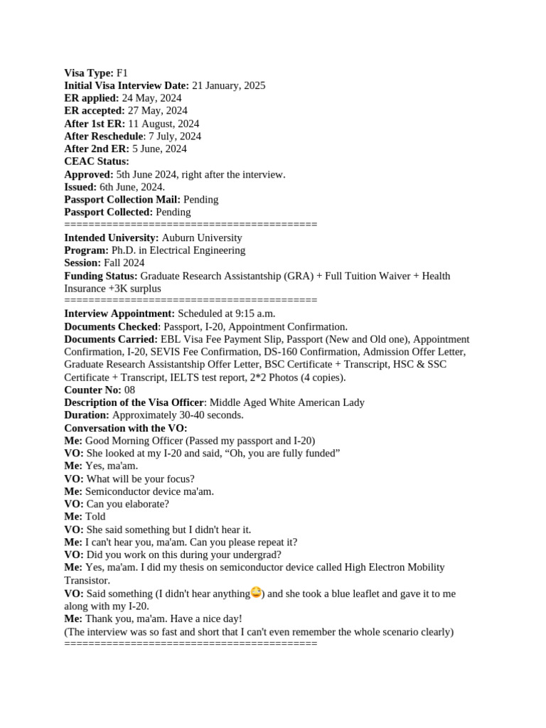 F1 Visa Interview Summary for PhD at Auburn | PDF | Doctor Of Philosophy
