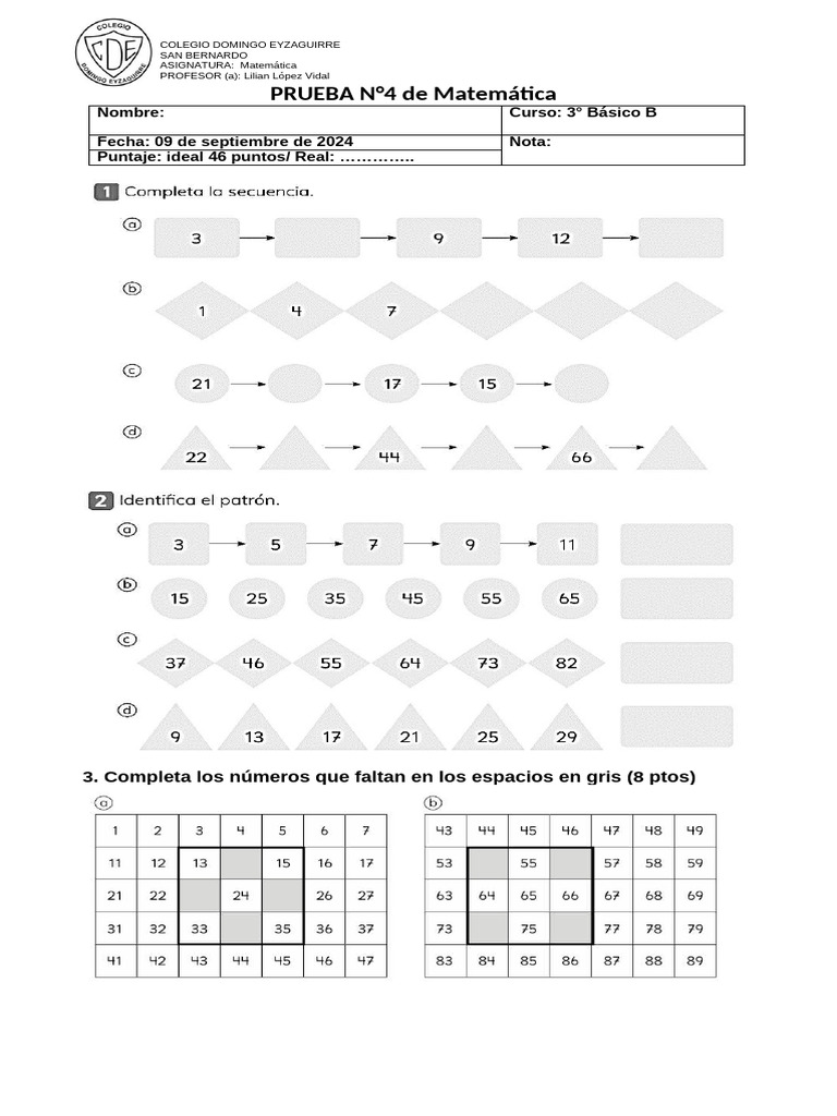 PRUEBA 4 MATE 3RO Sept 2024 | PDF