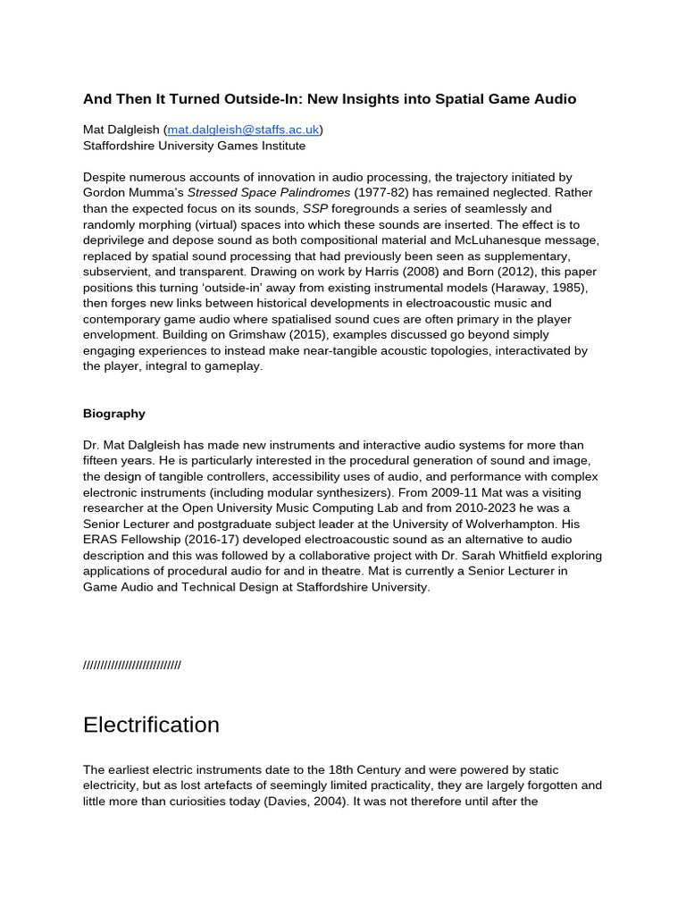 Insights on Spatial Game Audio Evolution | PDF | Sound | Sound Technology