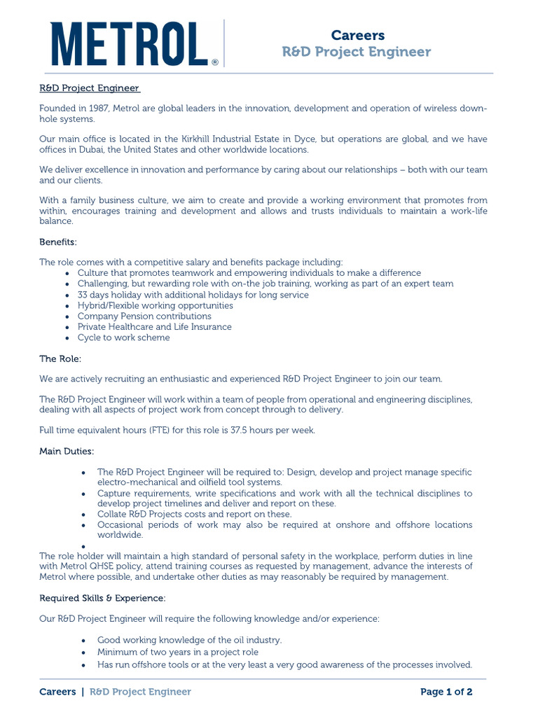 Metrol Job Advert RD Project Engineer | PDF | Business