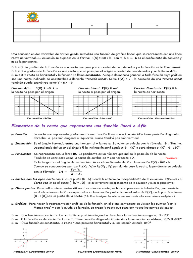 Guia #4 Algebra 9° Función de Gráfica Lineal | PDF | Pendiente | Linealidad