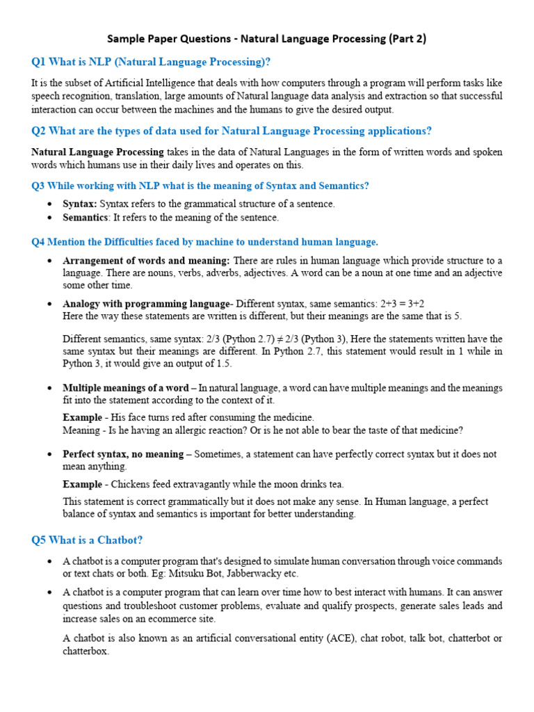Sample Paper Questions - NLP (Part 2) | PDF | Linguistics | Human ...