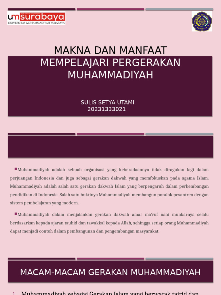 Makna Dan Manfaat Mempelajari Pergerakan Muhammadiyah (Sulis Setya Utami - 20231333021) | PDF