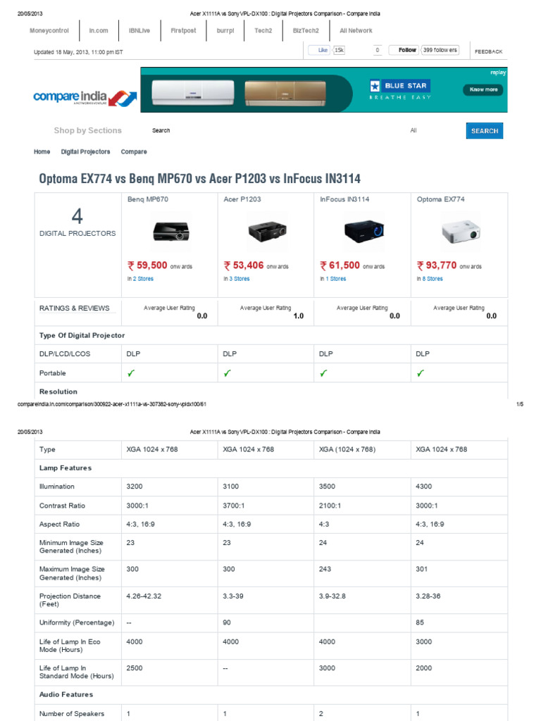 Acer X1111A Vs Sony VPL-DX100 - Digital Projectors Comparison - Compare India | PDF | Personal ...