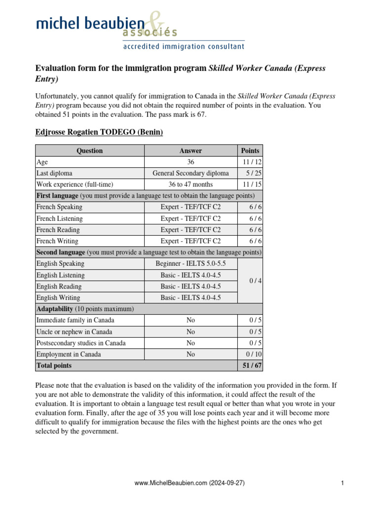 Immigration Evaluation Results: Todego | PDF | International English ...