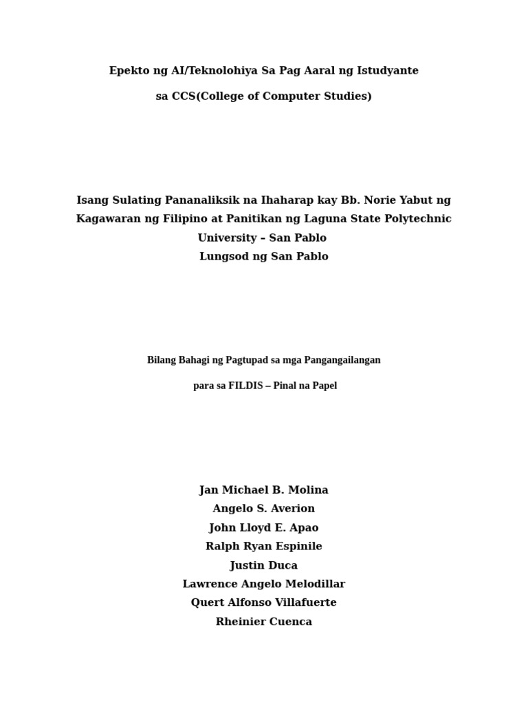 PANGKAT2 - Epekto NG AI at Teknolohiya Sa Pag Aaral NG Estudyante Sa CCS (College of Computer ...