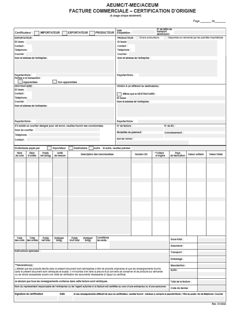 Facture Commerciale et Certification | PDF | Transport