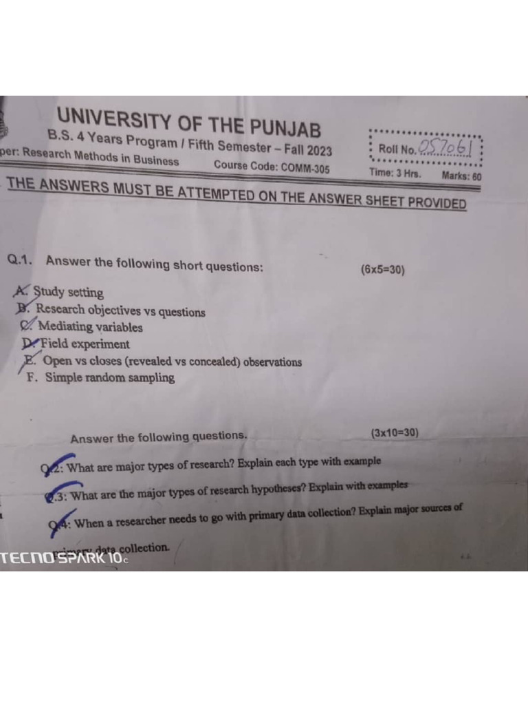 Past Papers Research Methods in Business Comm-305 Bcom 5th Sem | PDF