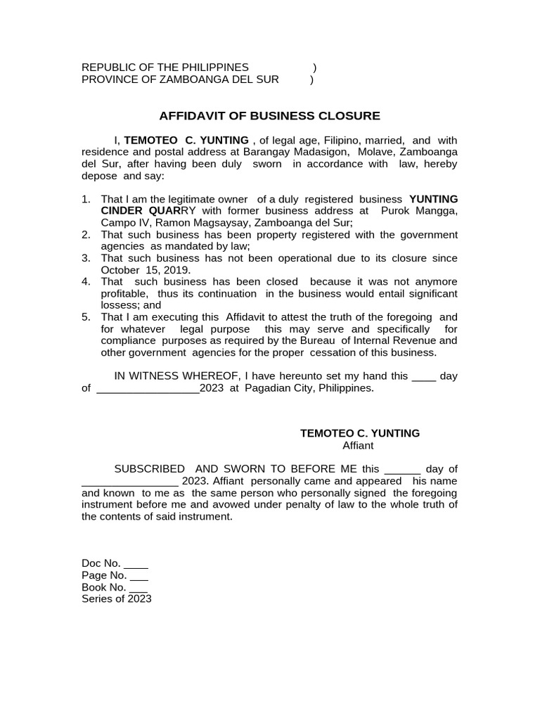 Affidavit of Business Closure | PDF