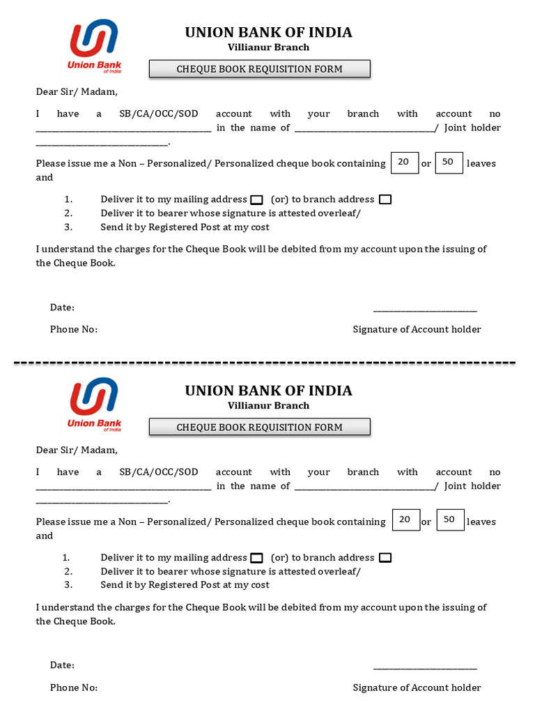 Cheque Book Request Form 50 | PDF