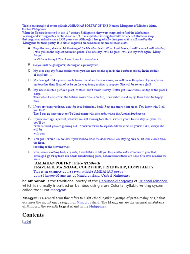 Ambahan Poetry of The Hanuoo | Ethnic Groups | Languages