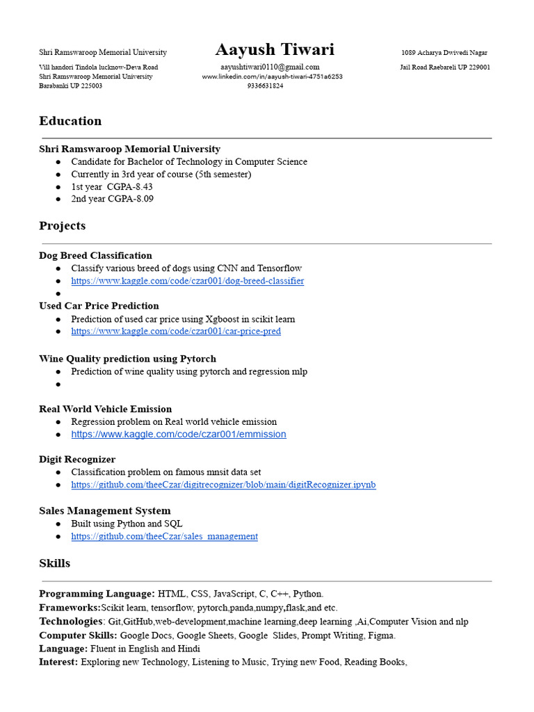 Aayush Resume | PDF | Computers | Technology & Engineering
