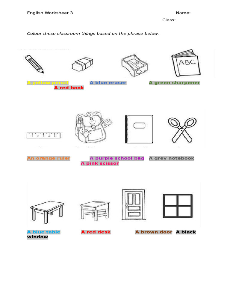 English Worksheet For 1st Grade (Things in The Classroom Part 1) | PDF