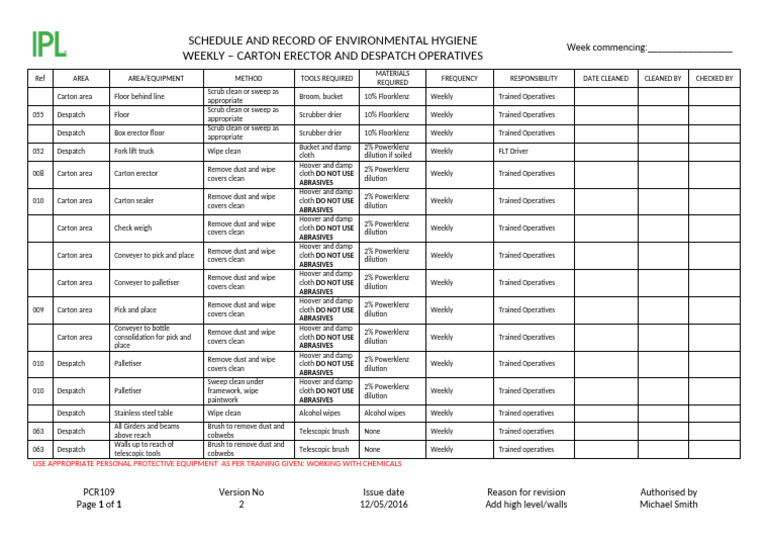 PCR109 Cleaning Schedule and Record Weekly Despatch v2 | PDF | Brush | Cleaning