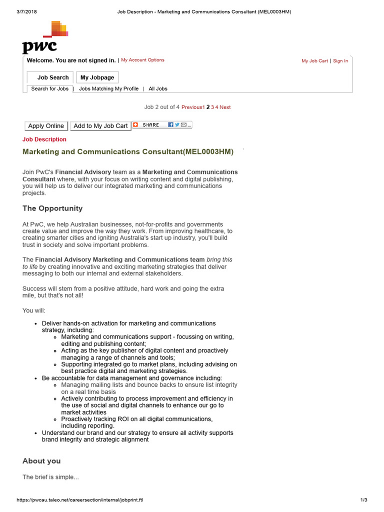 Job Description - Marketing and Communications Consultant (MEL0003HM) | PDF | Marketing ...