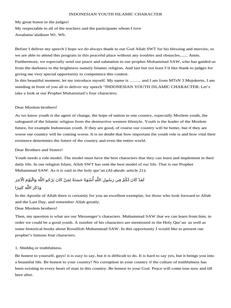 Speech Indonesian Youth Islamic Character 2024 | PDF | Prophets And ...