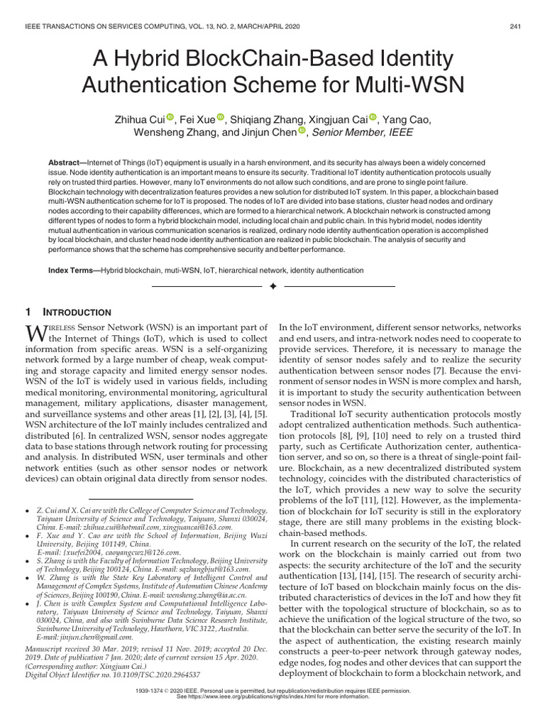 A Hybrid BlockChain-Based Identity Authentication Scheme For Multi-WSN | PDF | Computer Network ...