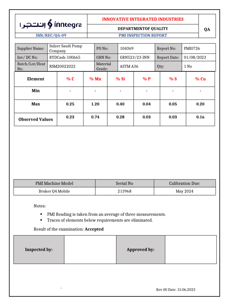 PMI Inspection Report for ASTM A36 | PDF