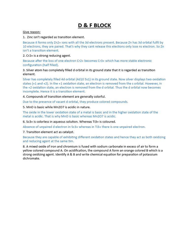 D & F Block Elements Overview | PDF | Science & Mathematics