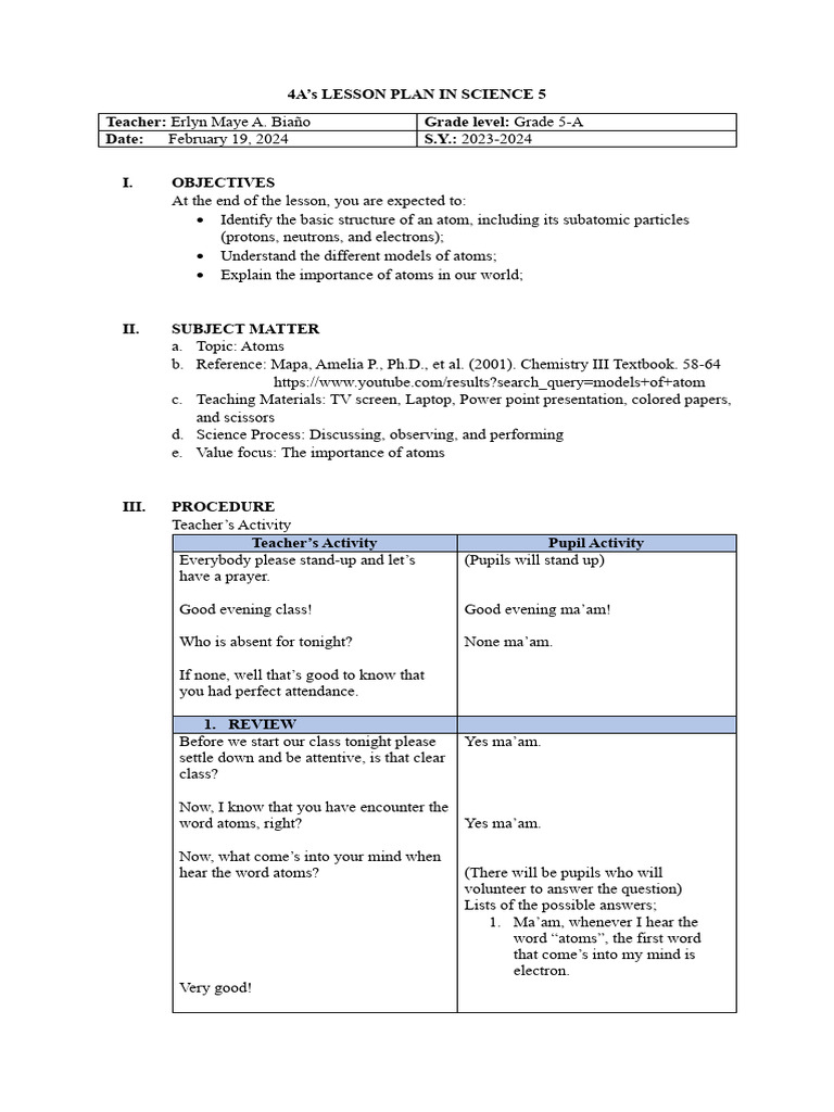 BIANO 4a's Lesson Plan | PDF | Atoms | Atomic Nucleus