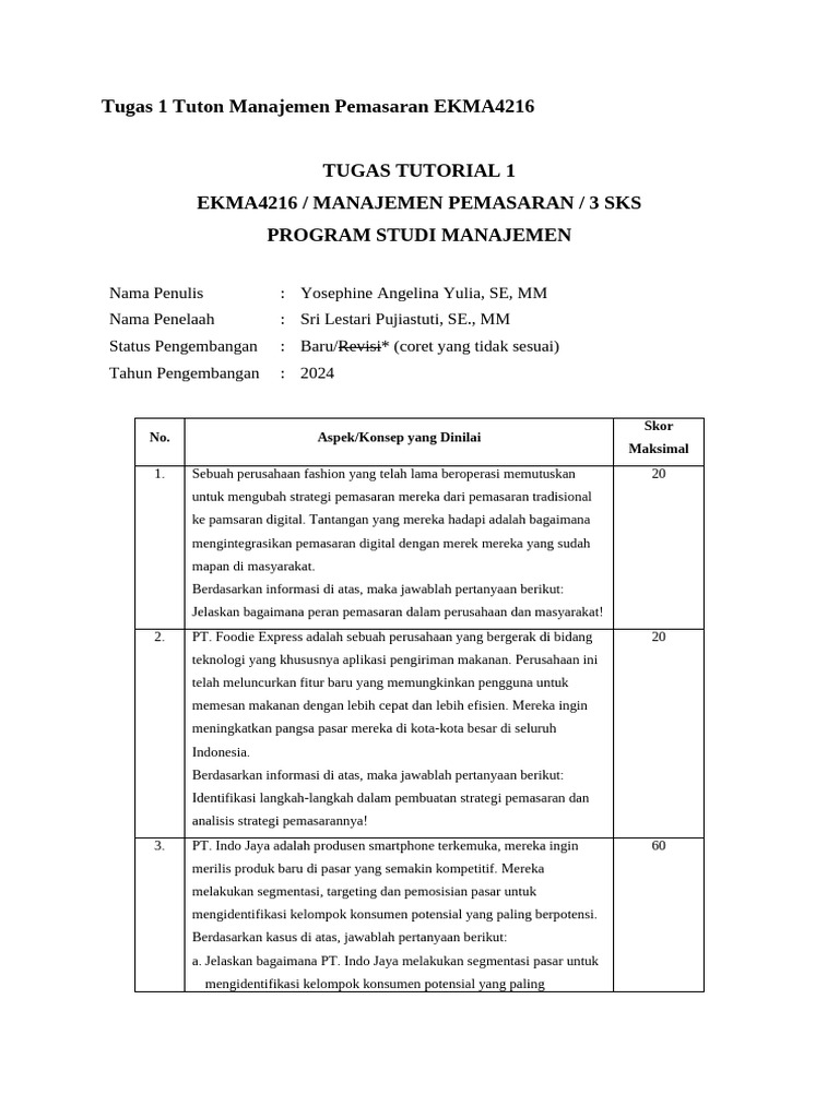 Tugas 1 Tuton Manajemen Pemasaran EKMA4216 | PDF