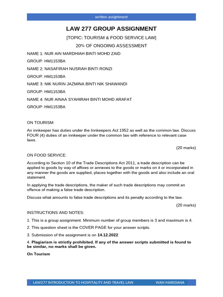 Law Assignment 1 | PDF | Inn | Menu