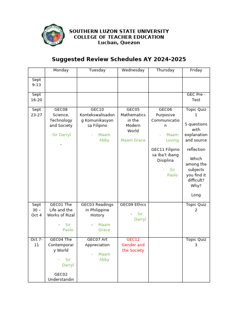 TCC01 Suggested Review Schedules GEC and PED | PDF | Cognition ...