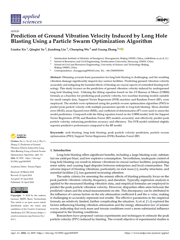 Prediction of Ground Vibration Velocity Induced by Long Hole Blasting Using A Particle Swarm ...