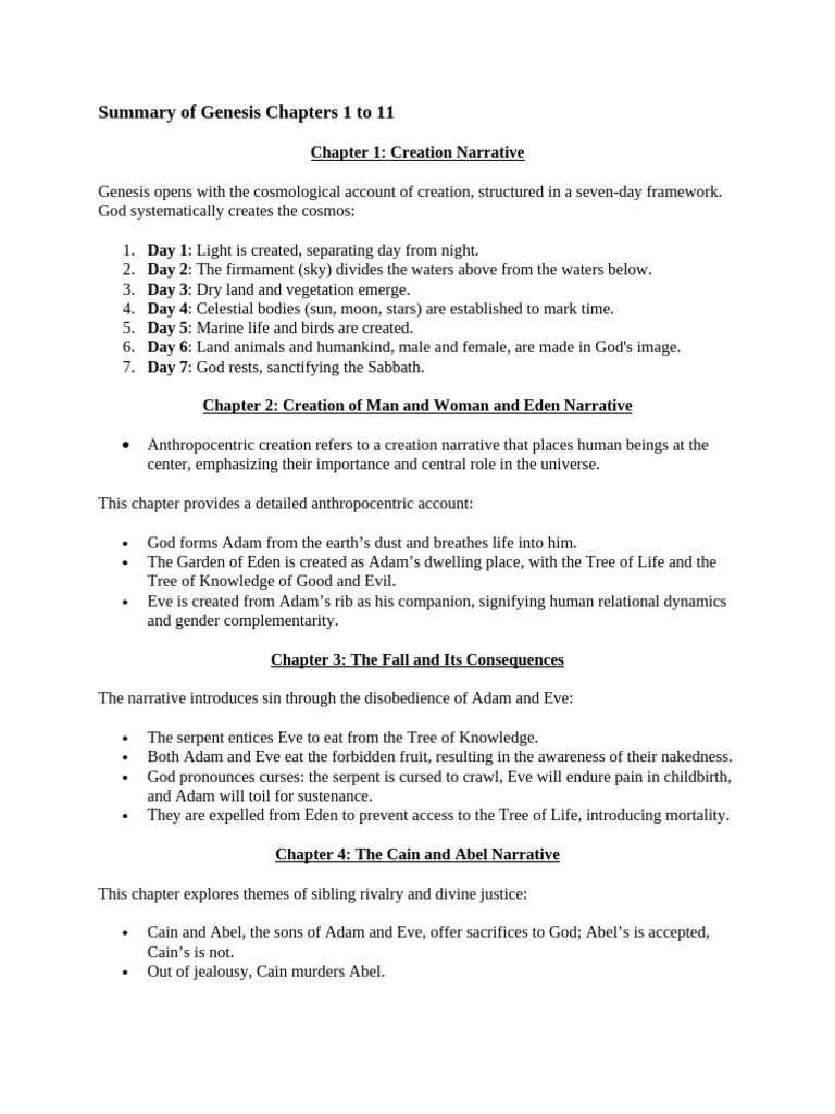 Summary of Genesis Chapters 1 To 11 | PDF | Genesis Creation Narrative | Adam