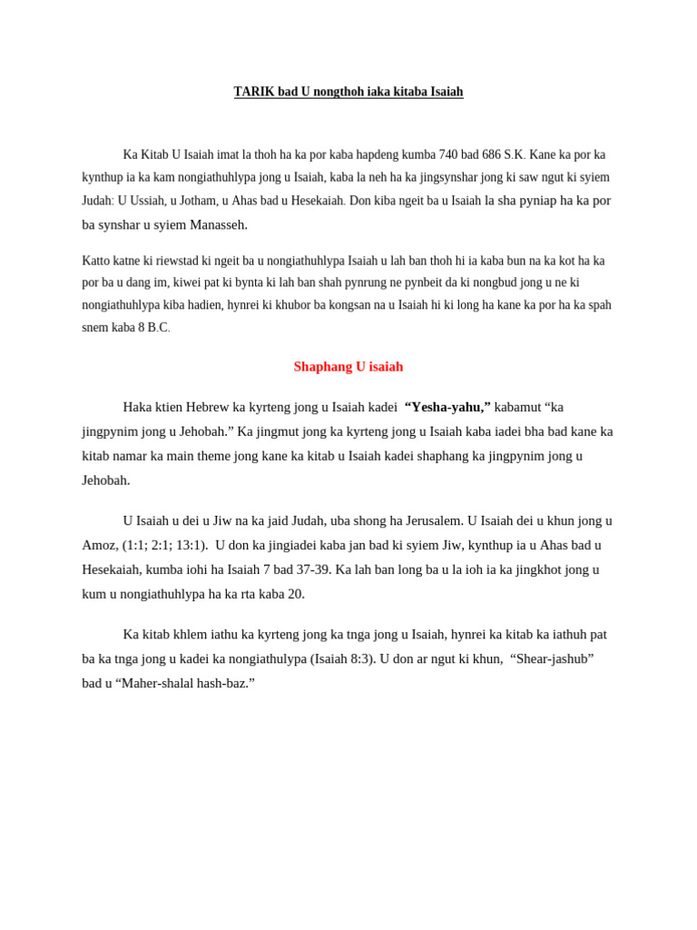 TARIK Bad U Nongthoh Iaka Kitaba Isaiah | PDF