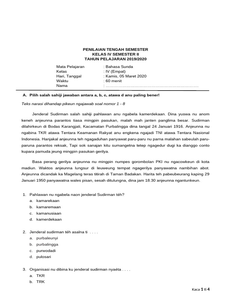 Soal PTS Genap B.Sunda Level 4 | PDF