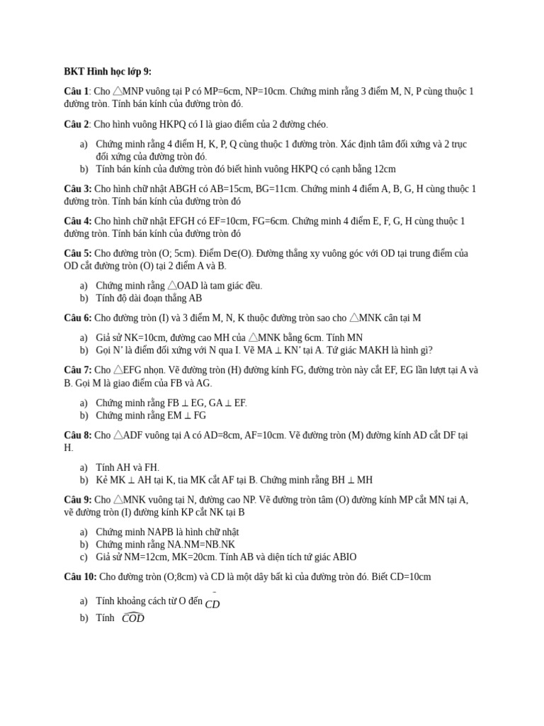 BKT Hình học lớp 9 | PDF