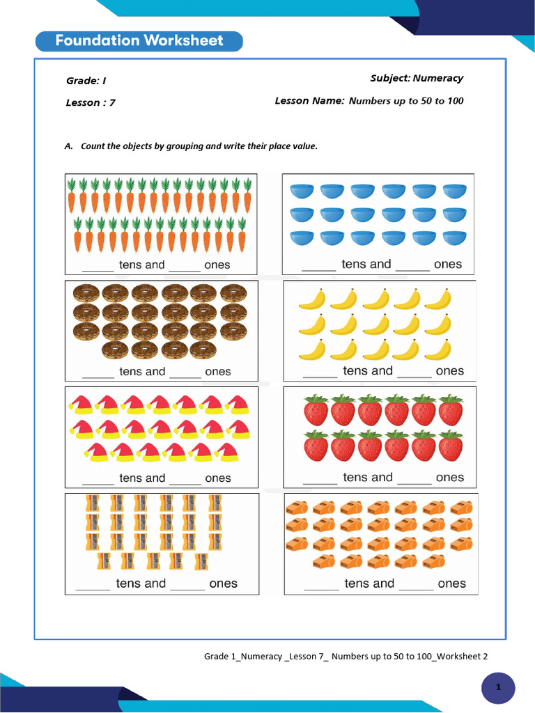 Grade 1 Numeracy Worksheet: Numbers 50-100 | PDF