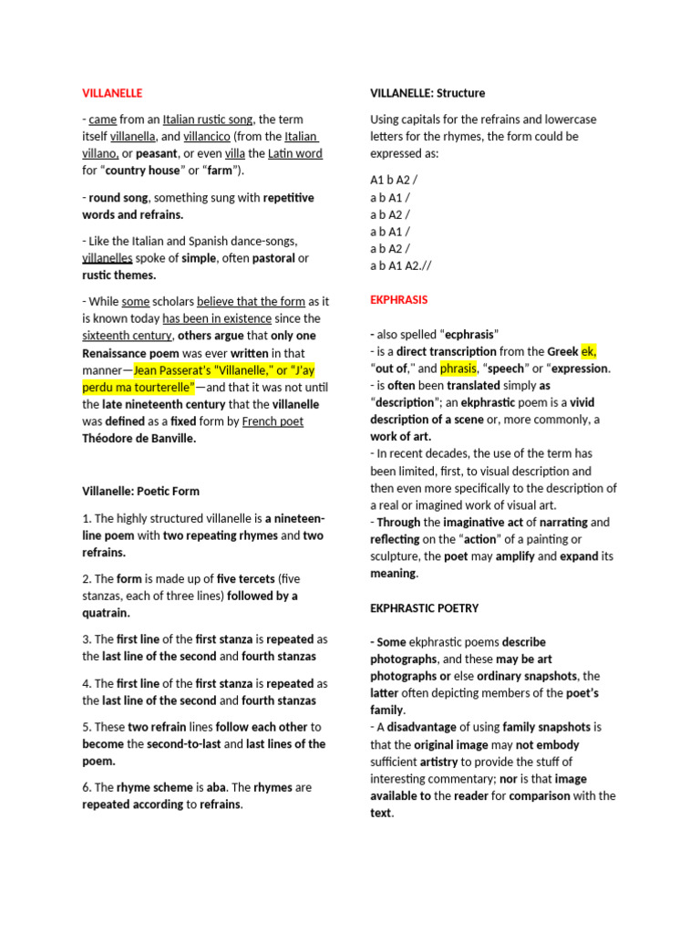 Understanding Villanelle and Ekphrasis | PDF | Poetry