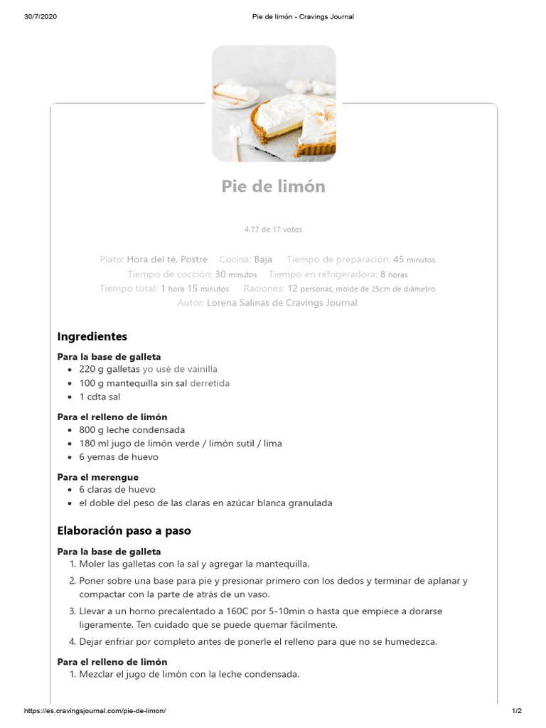 Pie de Limón - Cravings Journal | PDF | Galleta | Merengue