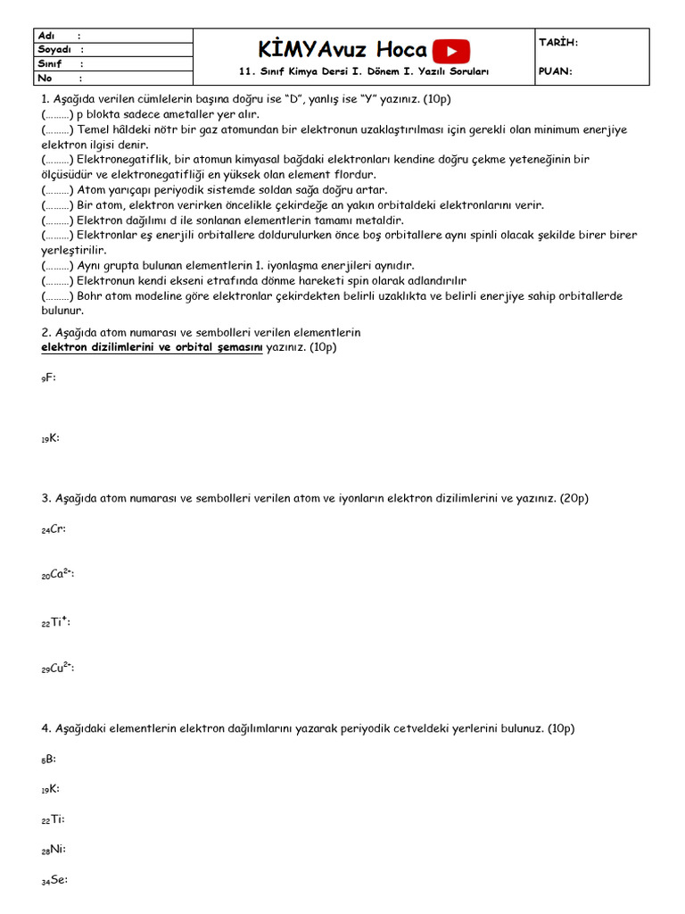 Kimya 11.sınıf 1.dönem 1.yazılı KİMYAvuz Hoca | PDF