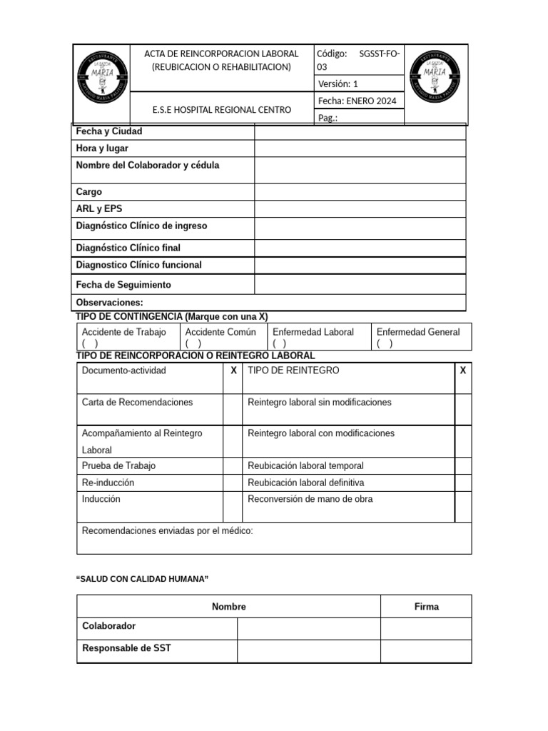 SGSST Fo 03 Acta de Reincorporacion Laboral Reubicacion o Rehabilitacion | PDF