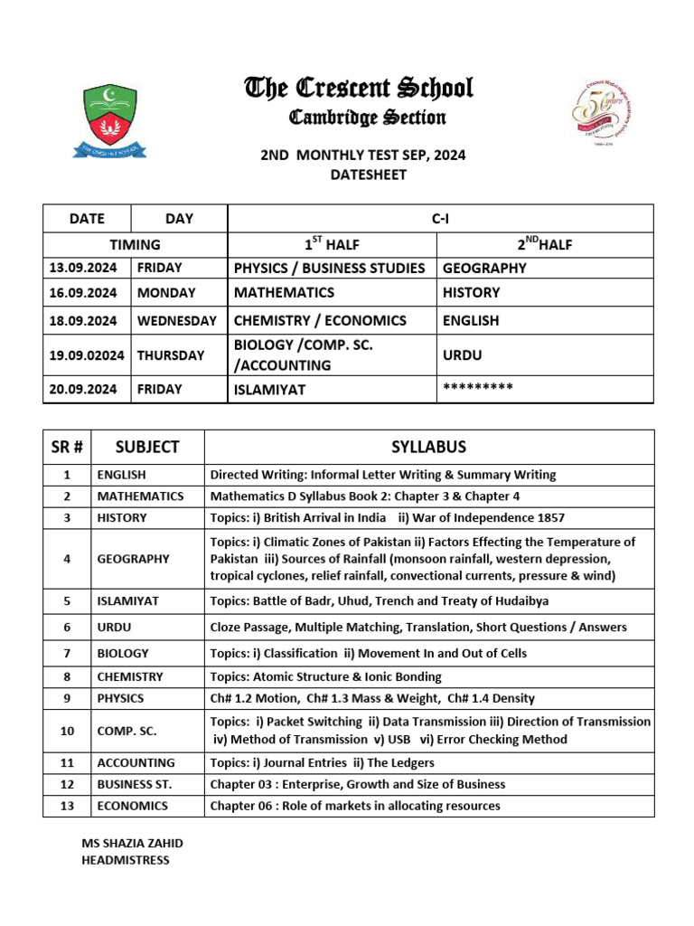 Monthly Test Datesheet September 2024 | PDF | Science & Mathematics