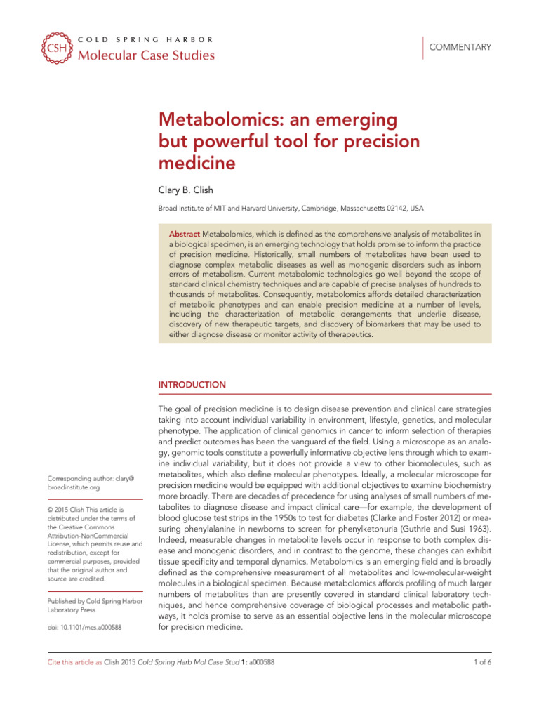 Clish 2015 | PDF | Metabolomics | Personalized Medicine