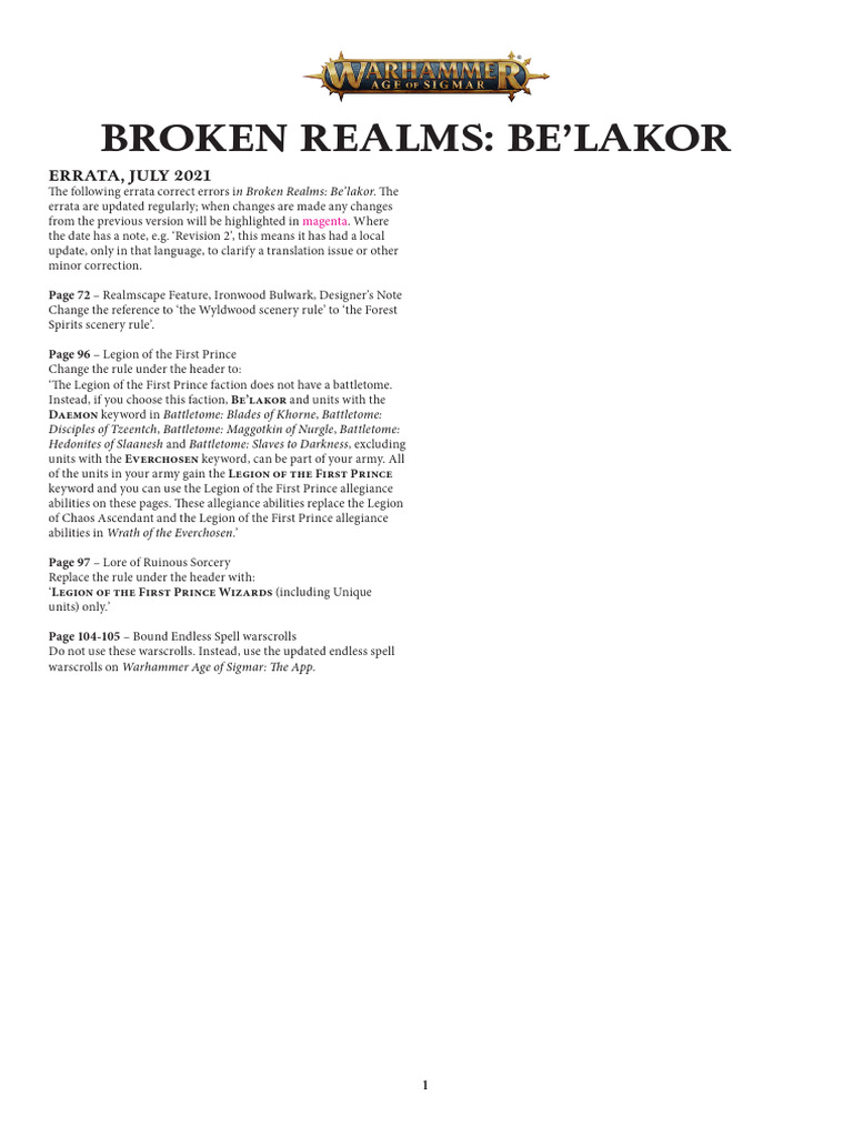 Broken Realms - Be'Lakor Errata | PDF | Computers | Technology & Engineering