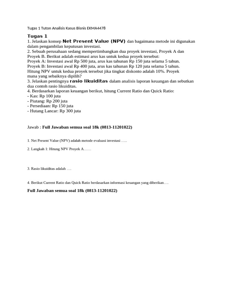 Tugas 1 Tuton Analisis Kasus Bisnis EKMA4478 | PDF