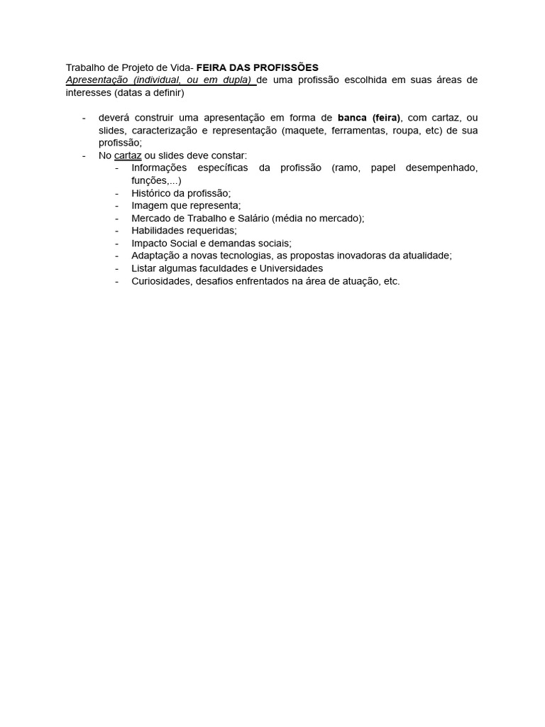 Trabalho de Projeto de Vida - FEIRA DAS PROFISSÕES | PDF | Arte