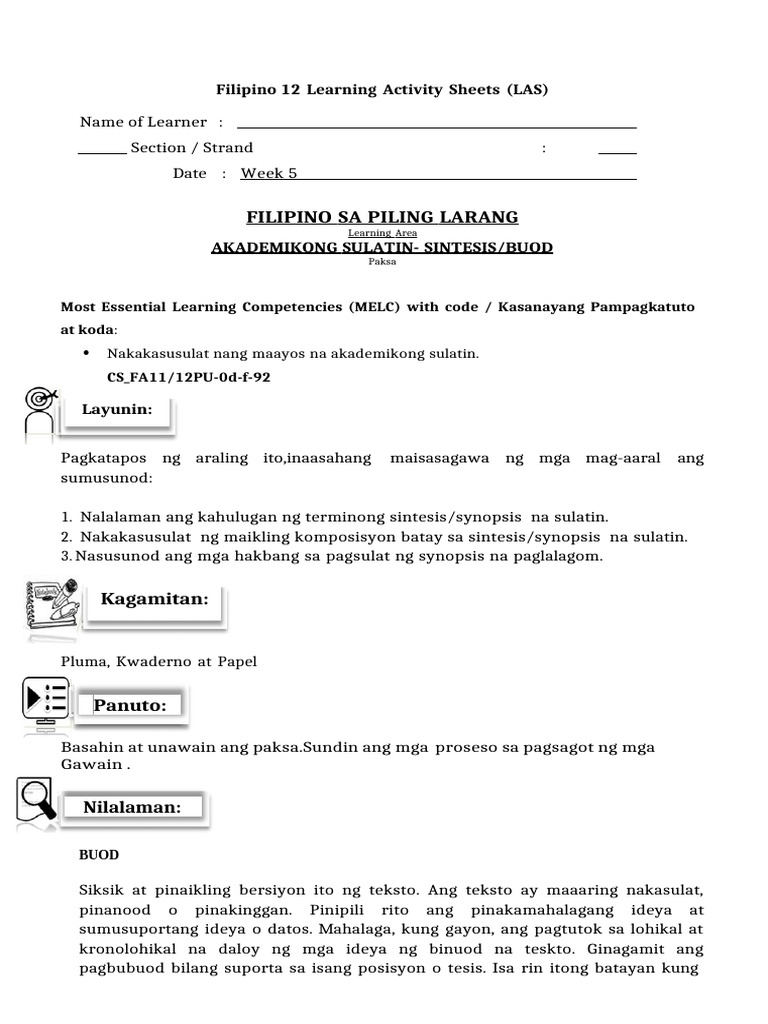 Filipino 12 Learning Activity Sheets Week 5 | PDF