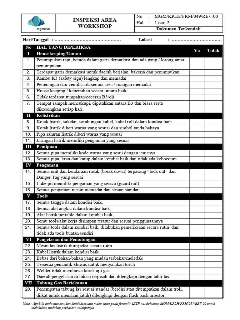 MGM-KPLH-FRM-049-REV.00 Inspeksi Area Workshop Atau Bengkel | PDF