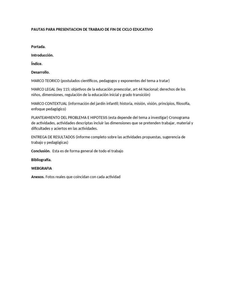 Pautas para Presentacion de Trabajo de Fin de Ciclo Educativo | PDF