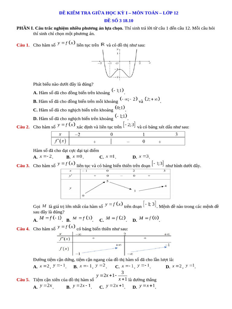 Đề 3 - Toán 12 - Giữa HK1 | PDF